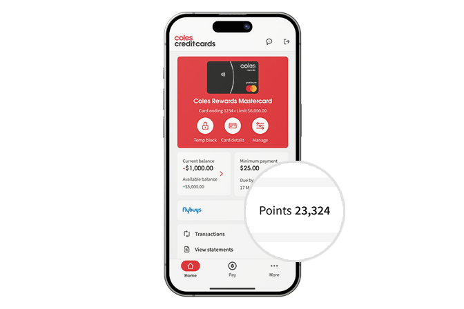 Coles Credit Cards App Flybuys points display
