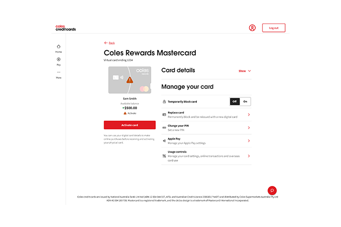 Coles Credit Cards OSC account summary