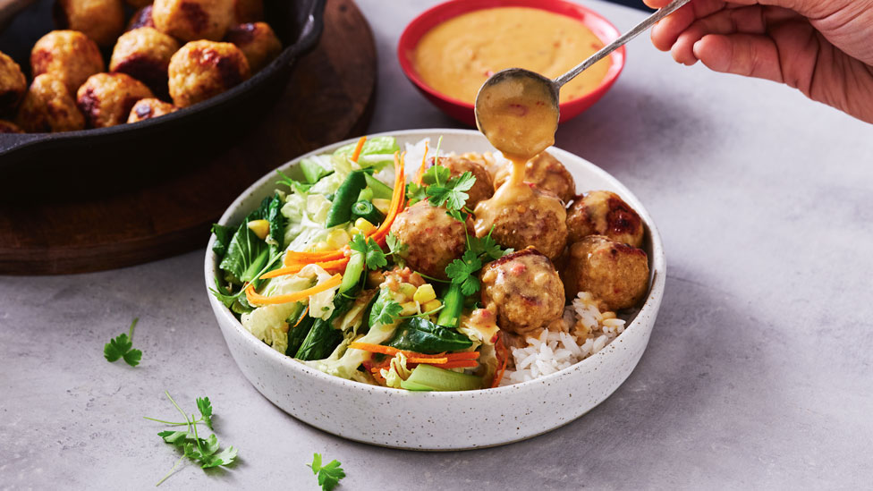 Chicken Satay Meatballs with Veggies & Rice Recipe | Coles