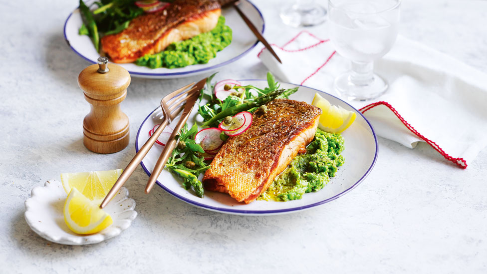 Crispy Skin Salmon with Broad Bean & Pea Puree Recipe | Coles