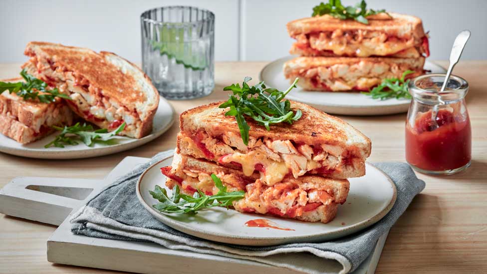Chicken toastie with tomato chutney and rocket leaves