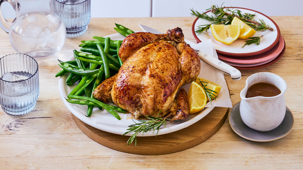 Air fryer whole chicken with green beans and gravy
