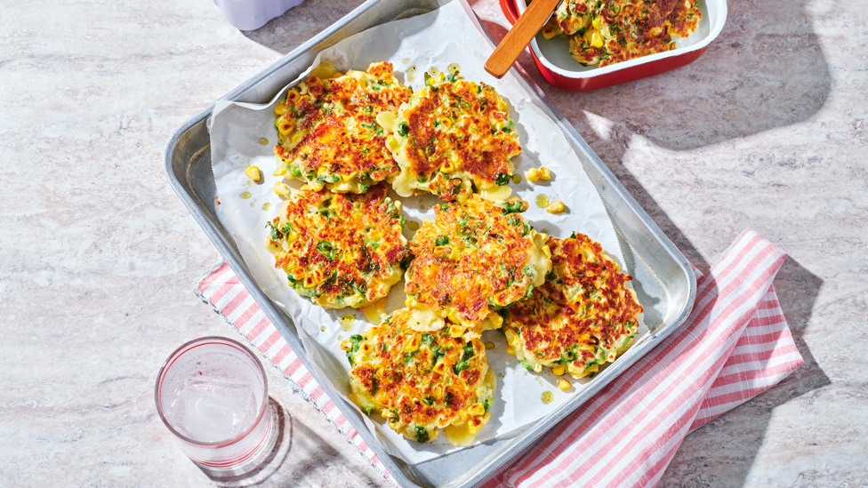 Chunky corn, Pea & Haloumi Fritters Recipe | Coles