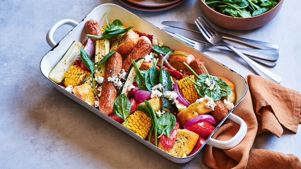 Sausage & garlic bread tray Bake Recipe | Coles