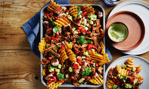 Tex-Mex loaded waffle fries with pulled pork recipe