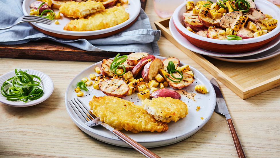 Beer Battered Fish with Potato and Corn Salad Recipe | Coles
