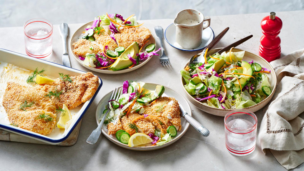 Sesame Chicken Schnitzel with Chopped Salad Recipe | Coles