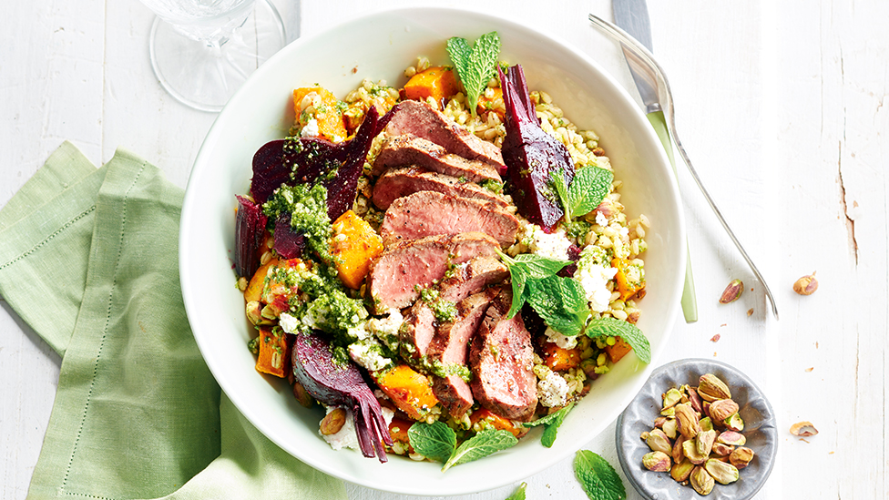 Lamb, Beetroot, Pumpkin and Barley Salad with Mint Pesto Recipe | Coles