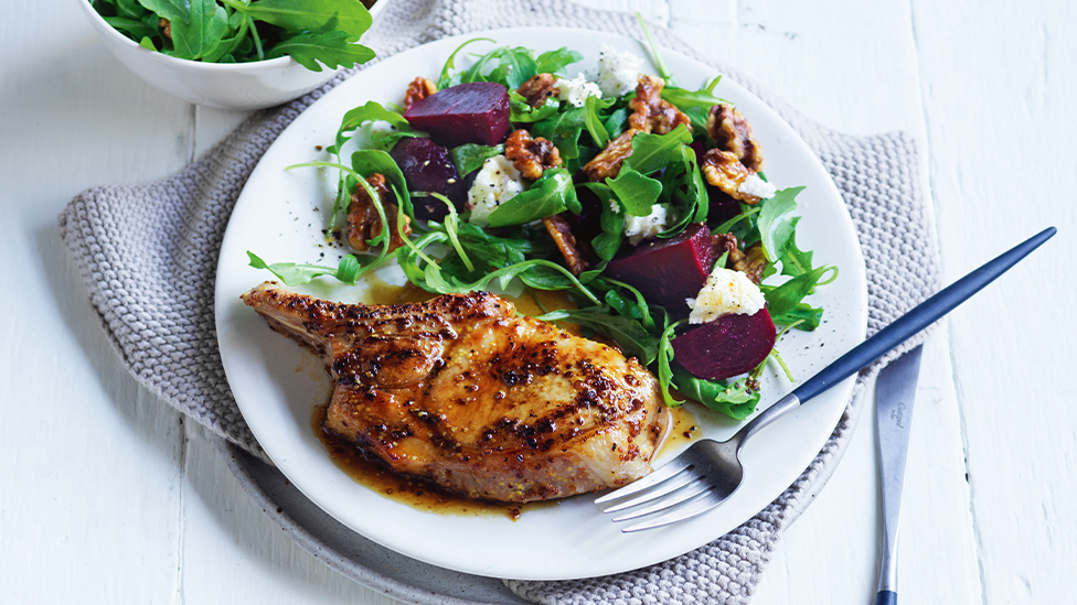 Mustard Pork Chops with Walnut and Beetroot Salad Recipe | Coles