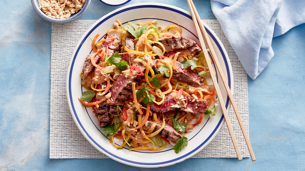 Satay Beef with Pumpkin and Carrot Noodles Recipe | Coles