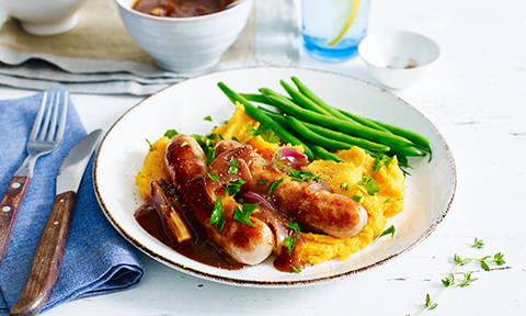 Bangers and Sweet Potato Mash with Onion Gravy Recipe | Coles