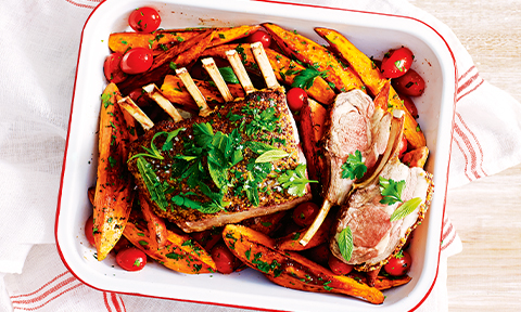 Mustard Lamb Rack with Sweet Potato Wedges Recipe | Coles