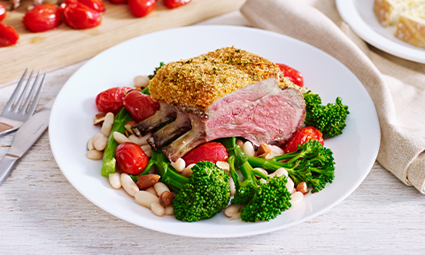 Parmesan-crusted lamb with baby broccoli and white bean salad recipe ...