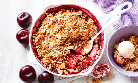 Quick and Easy Plum and pear skillet crumble recipe | Coles