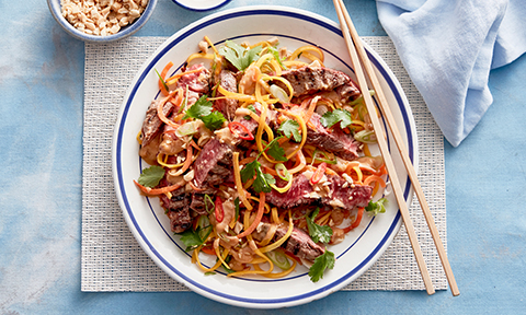 Satay Beef with Pumpkin and Carrot Noodles Recipe | Coles