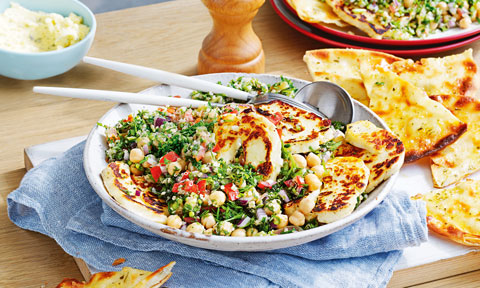 Chickpea Tabouleh with Haloumi and Garlic Flatbread Recipe | Coles