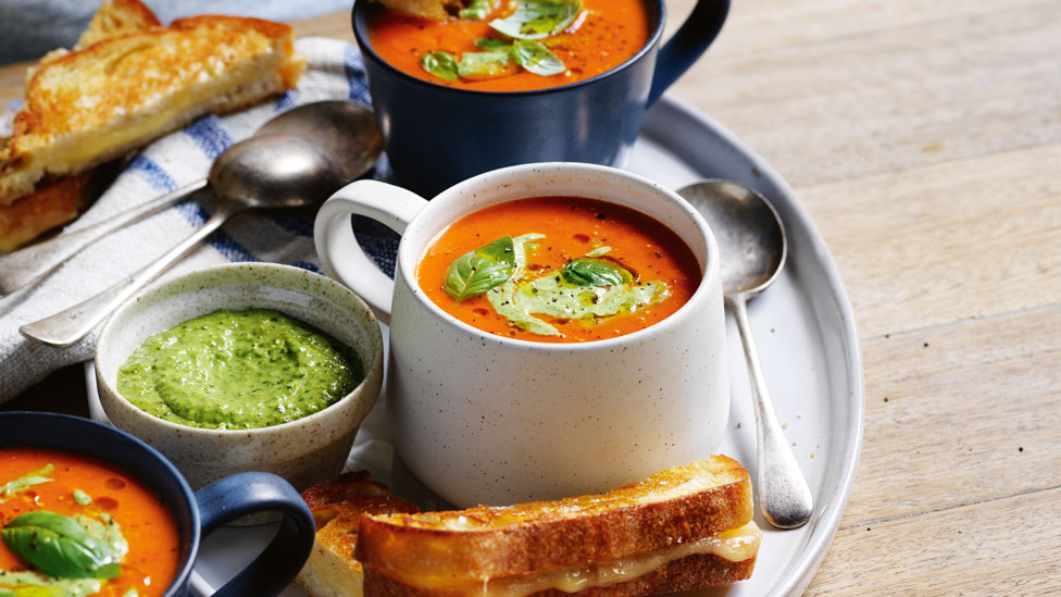 Tomato Soup with Pesto Cream and Cheese Soldiers Recipe | Coles